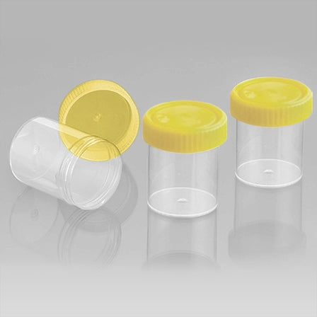 Techno Plas Flat Bottom Container Unlabelled Yellow Cap CEM 70ml
